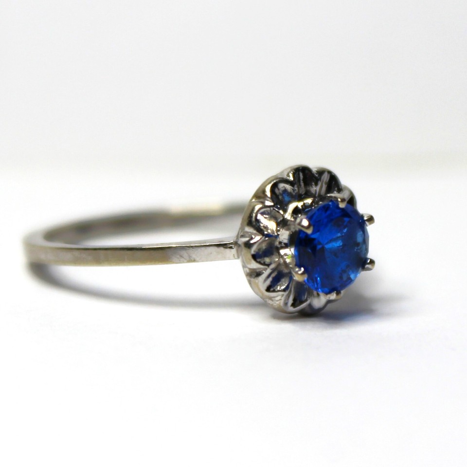 Vintage 10k White Gold Blue Sapphire 5mm Esemco Solitaire Ring Sz 5.75 ...