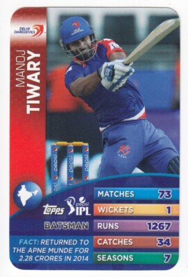 MANOJ TIWARY Delhi Daredevils (Capitals) 2015 TOPPS IPL Trump Cricket ...