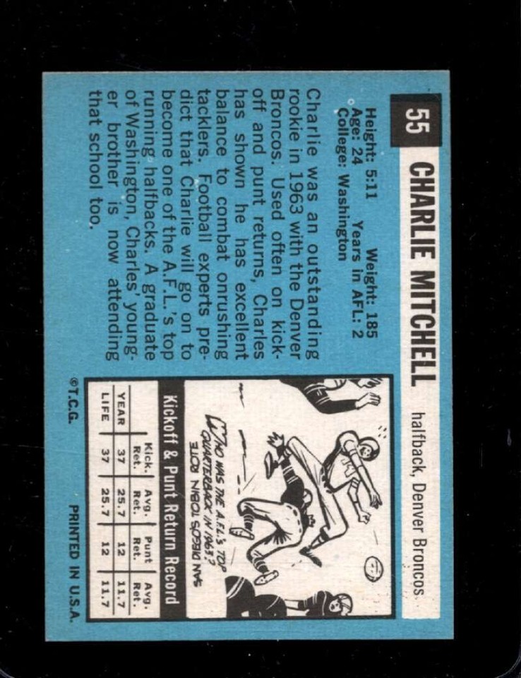 1964 TOPPS #55 CHARLIE MITCHELL NM BRONCOS *X79699 | eBay