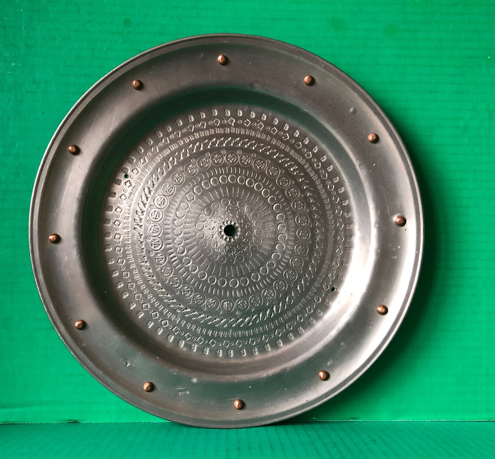 HEAVY VTG Fancy Pewter Wall Clock Face Plate Dial 12 Copper Rivets 13 ...