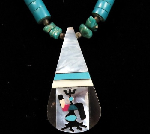Zuni Inlay Pendant Beaded Necklace Turquoise Sterling Silver Shell ...