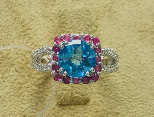 Natural Blue Topaz & Heated Ruby With 925 Sterling Silver Women's Ring ...