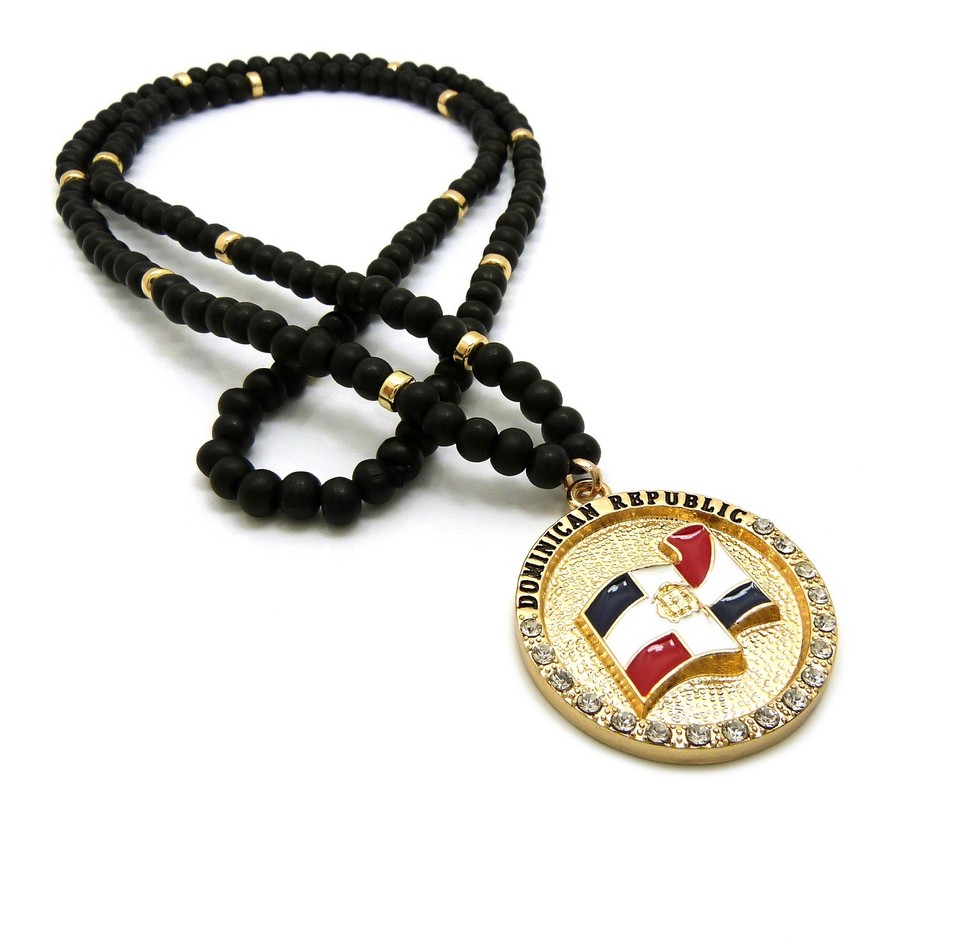 NEW DOMINICAN REPUBLIC PENDANT & 30" WOODEN BEAD CHAIN HIP HOP ...