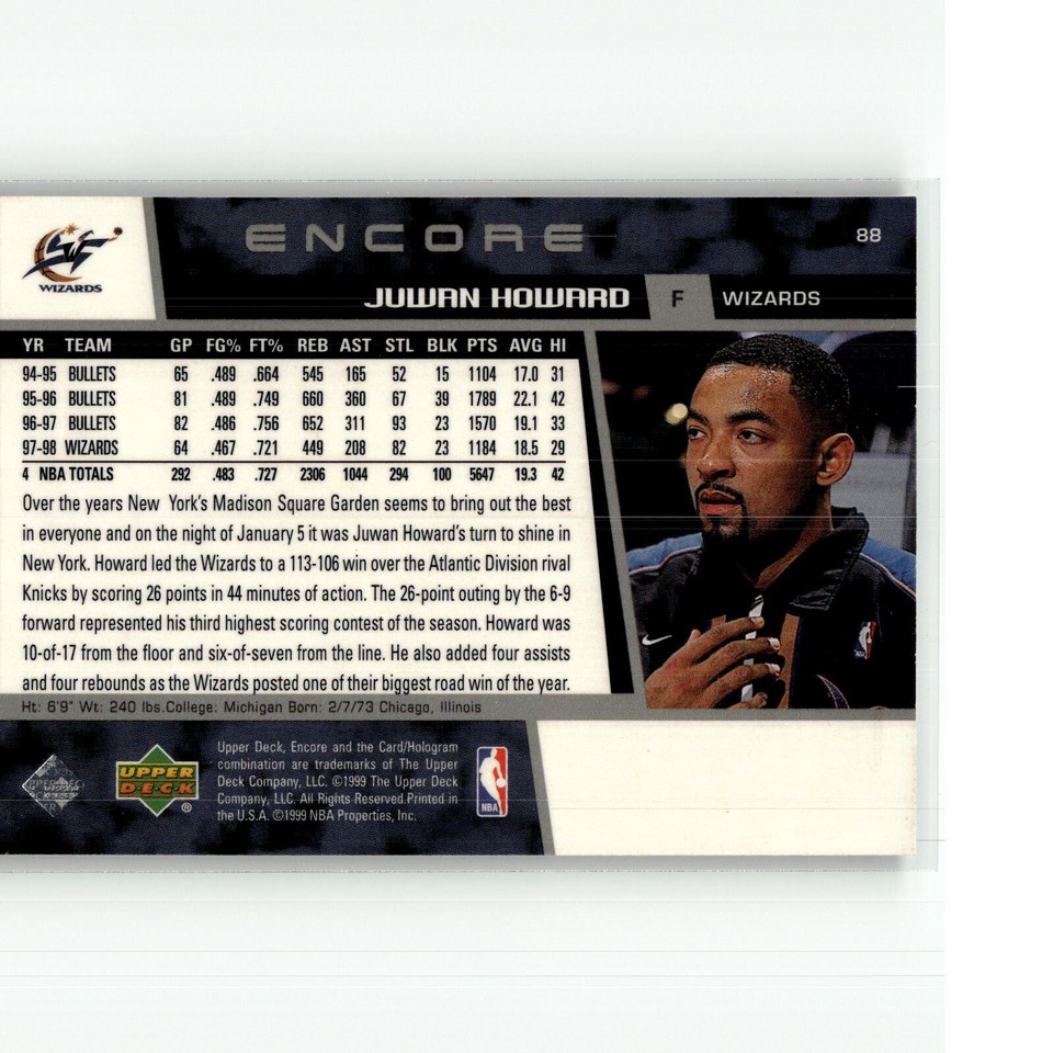 1998-99 Upper Deck Encore Washington Wizards Basketball Card #88 Juwan ...