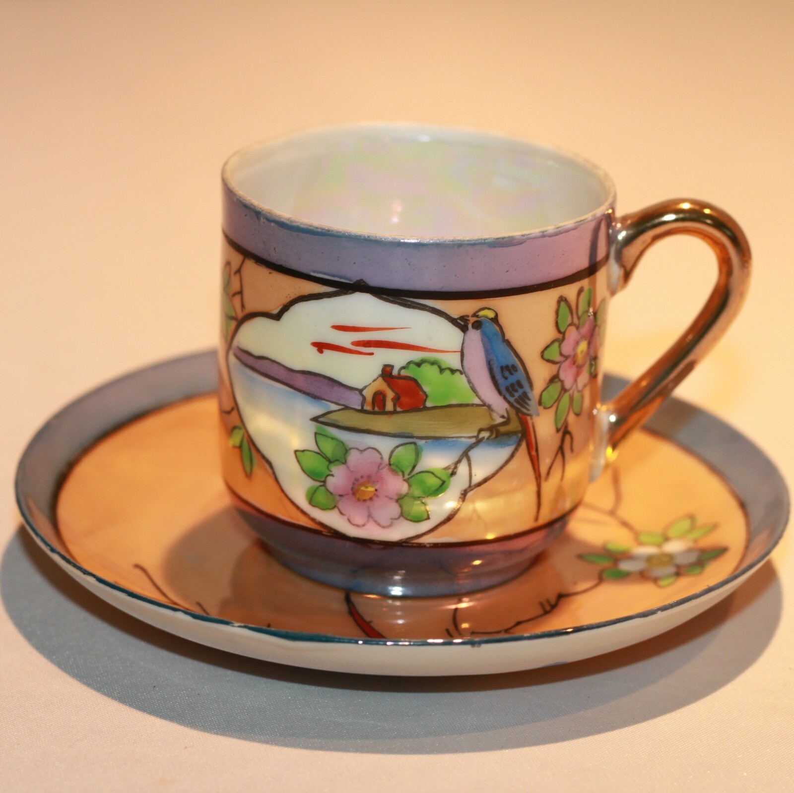 Vintage Mikori Japan Blue Gold Espresso Coffee Set Exotic Birds Sakura ...
