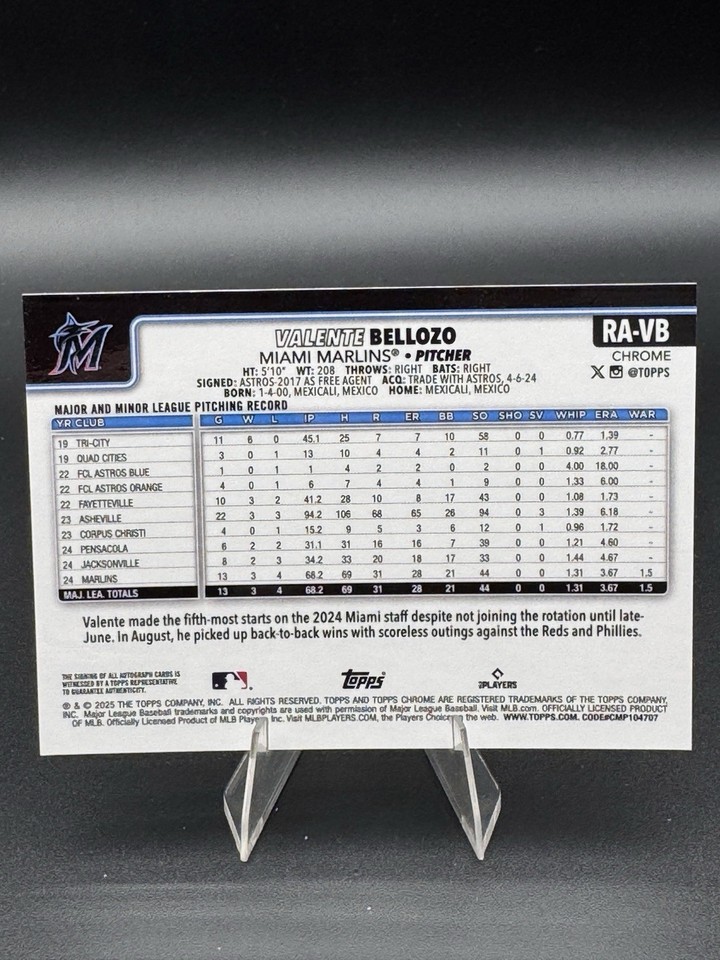 2025 Topps Chrome Valente Bellozo #RA-VB RC AUTO Miami Marlins | eBay