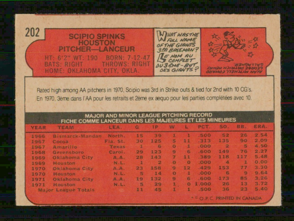 1972 OPC O-PEE-CHEE BASEBALL # 202 SCIPIO SPINKS 15907 | eBay