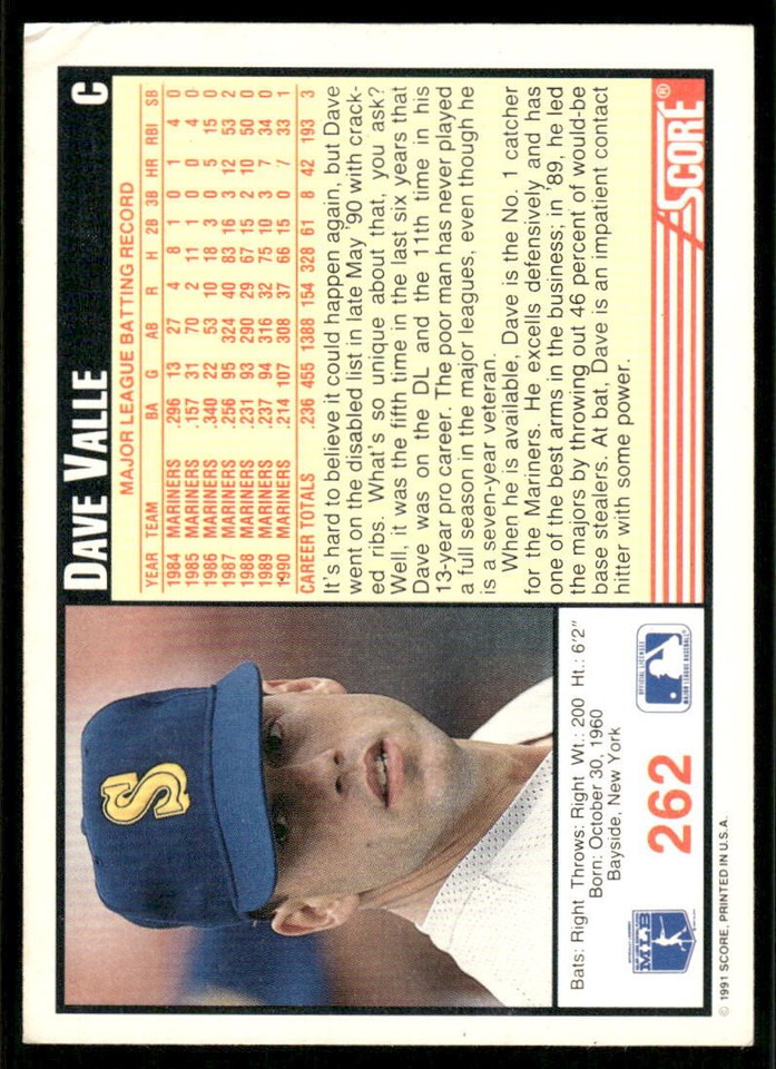1991 Score #262 Dave Valle | eBay