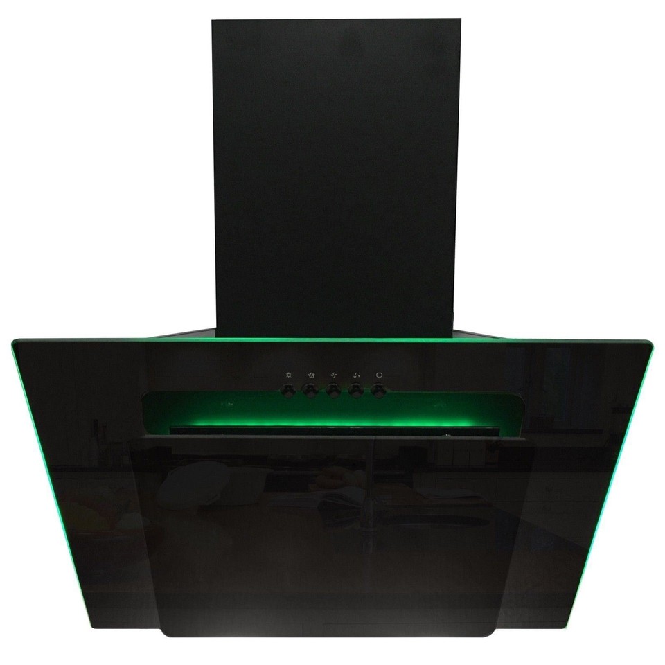 60cm Black Cooker Hood - Angled Extractor Fan with 3 Colour Edge Lit ...