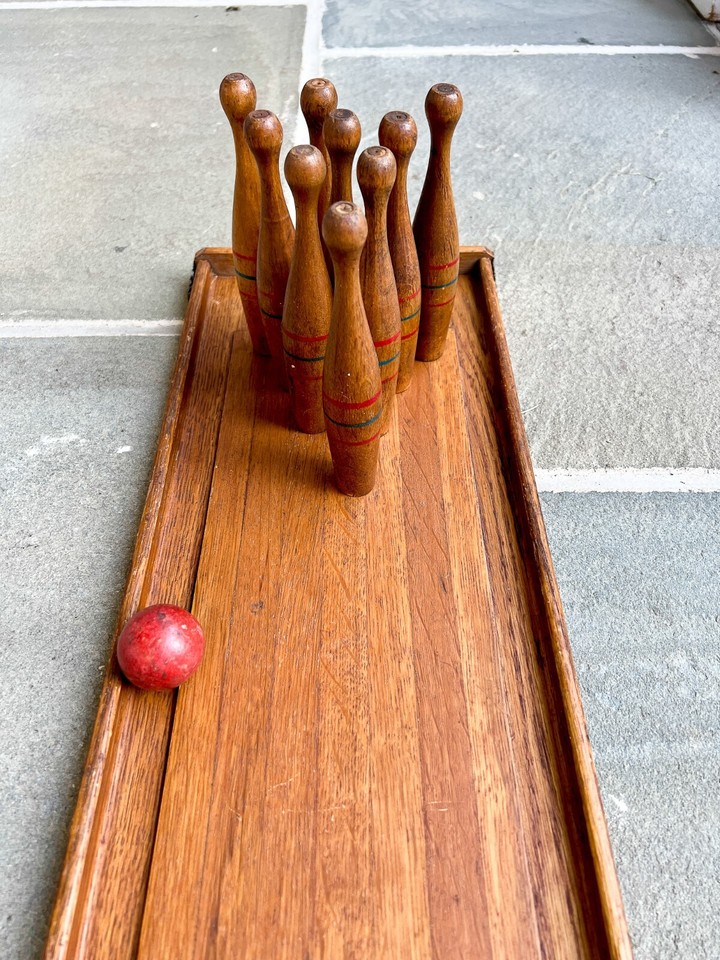 Antique Wood 10 Pin Bowling Game 19th C. w Oak Lane 42.5in, table top ...