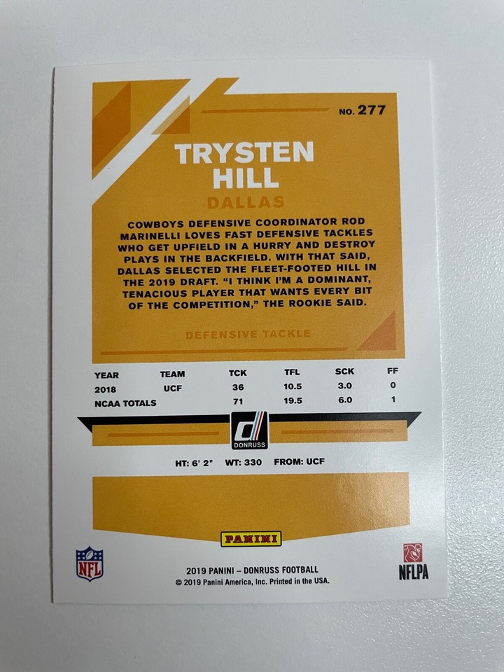 Trysten Hill ROOKIE 2019 Panini Donruss Football #277 Dallas Cowboys RC ...