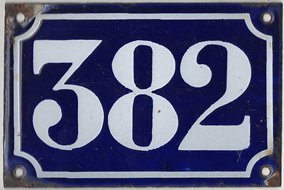 Old blue French house number 382 door gate plate plaque enamel metal ...