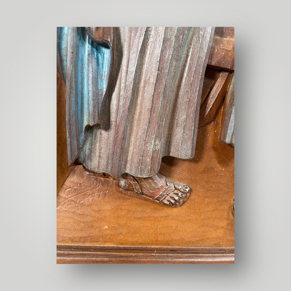 Bas Relief Wood Resin Wood Carving Religious Scene - Signed 27.75 x 17. ...