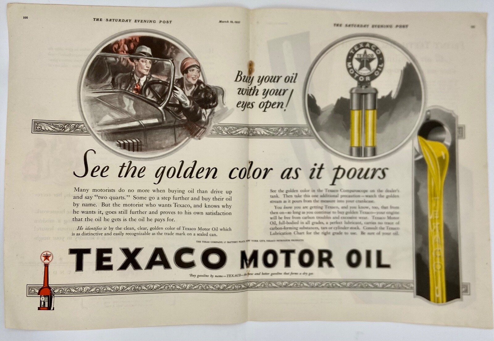 Original 1927 Texaco Ad: See the golden color as it pours | eBay