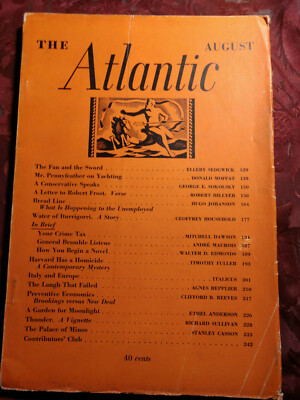 ATLANTIC Magazine August 1936 Ellery Sedgwick Geoffrey Household Andre ...
