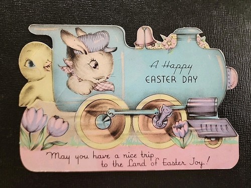 Vtg 1930s Easter Greeting Card Pastels Bunny Chick Train Standup NICE ...