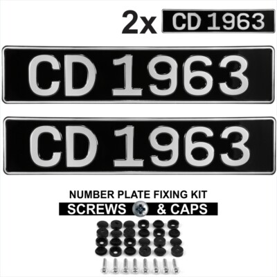 Pair 2x OBLONG Black and Silver Pressed Number plates Car Metal Classic ...