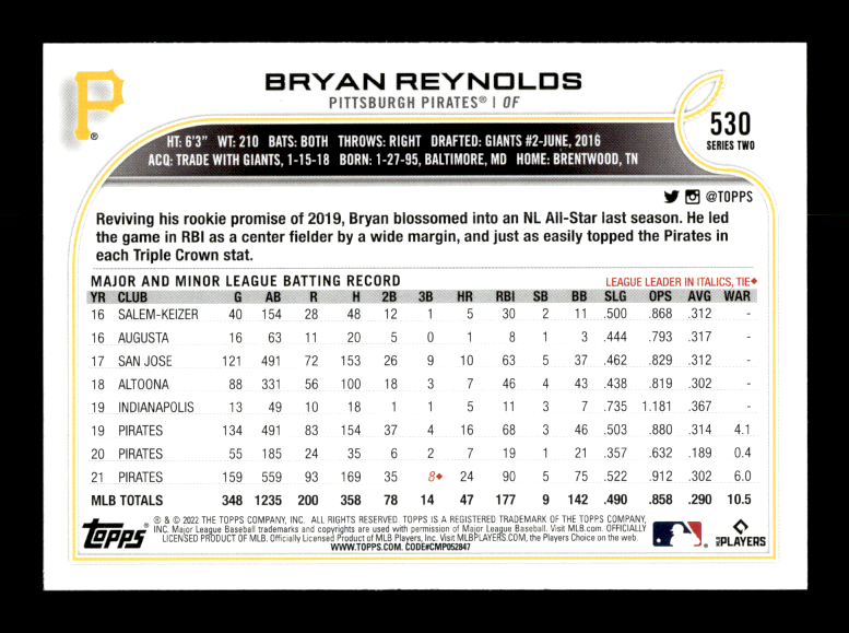 2022 Topps # 530 Bryan Reynolds Card Pittsburgh Pirates | eBay
