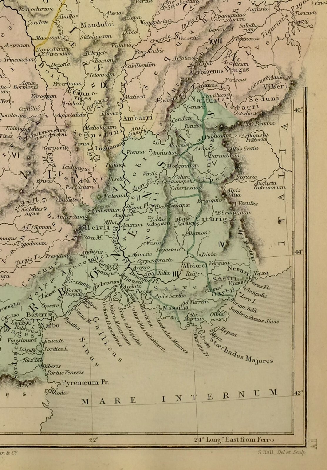 1868 HAND COLOURED ANCIENT MAP GALLIA AQUITANIA LUGDUNENSIS NARBONENSIS ...