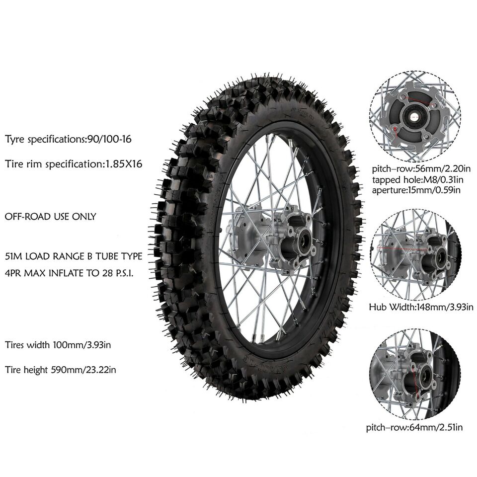 16" Rear Wheel 90/100-16 Tire on Rim Disc Rotorfor pit Bike for KX100 ...