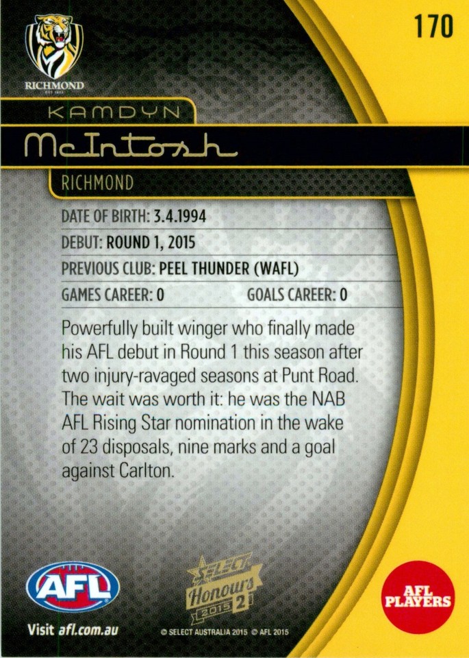 Signed 2015 RICHMOND TIGERS AFL Card KAMDYN MCINTOSH | eBay Australia
