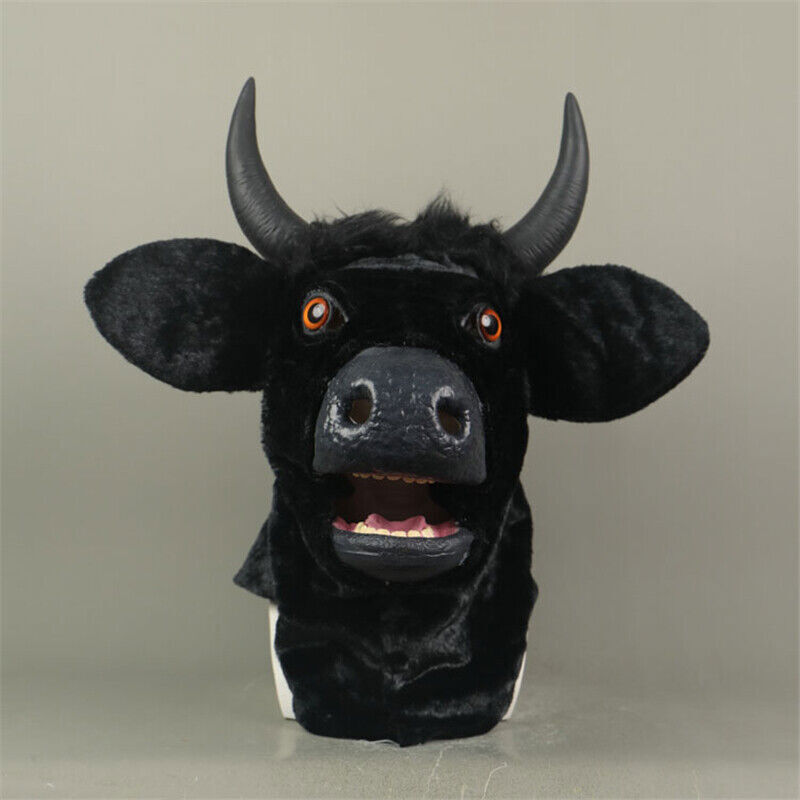 Movable Mouth Black Cow Head Helmet Halloween Cosplay Mask Latex Full ...