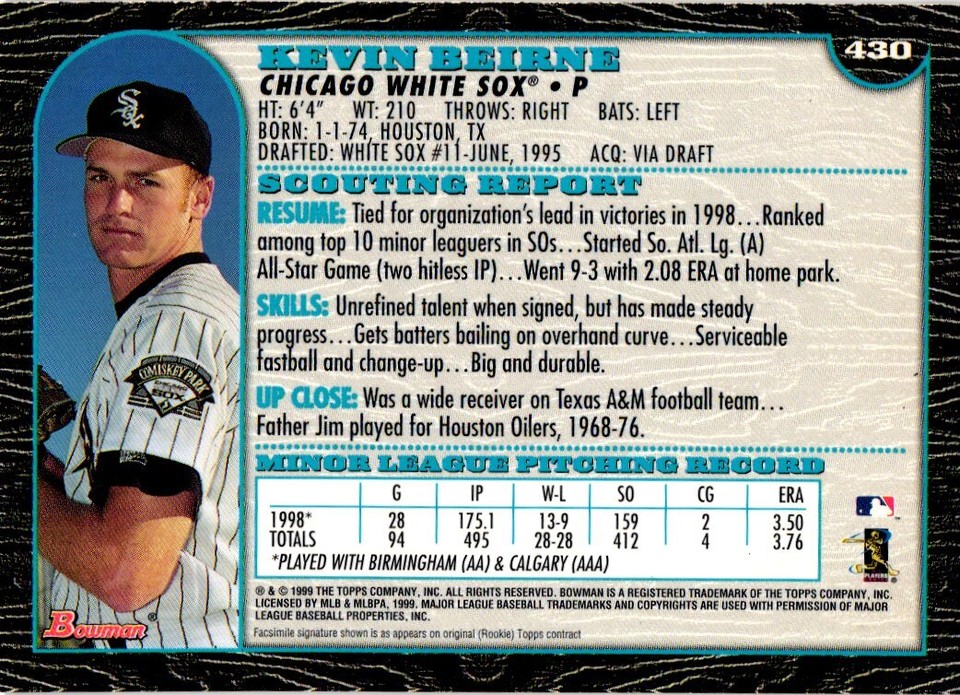 Signed 1999 Bowman Kevin Beirne 430 International Chicago White Sox | eBay