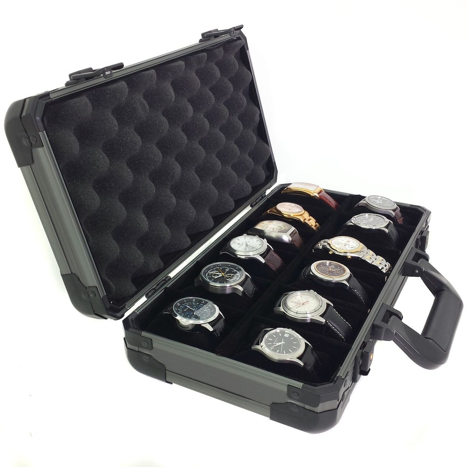 Watch Case Gunmetal Aluminum Briefcase 12 Large Watches (Fits Cases up ...