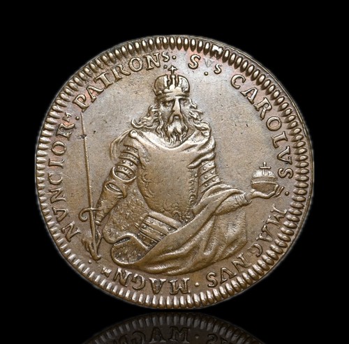 FRANCE. Copper Jeton, 1677, 3/4 length figure of Charlemagne, under ...