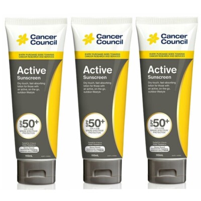 3 x Cancer Council Active Sunscreen SPF 50+ 110mL Broad Spectrum Dry ...