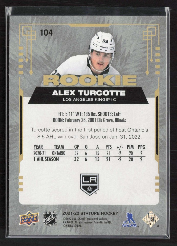 Alex Turcotte 2021-22 UD Stature Rookie #104 Los Angeles Kings /399 ...