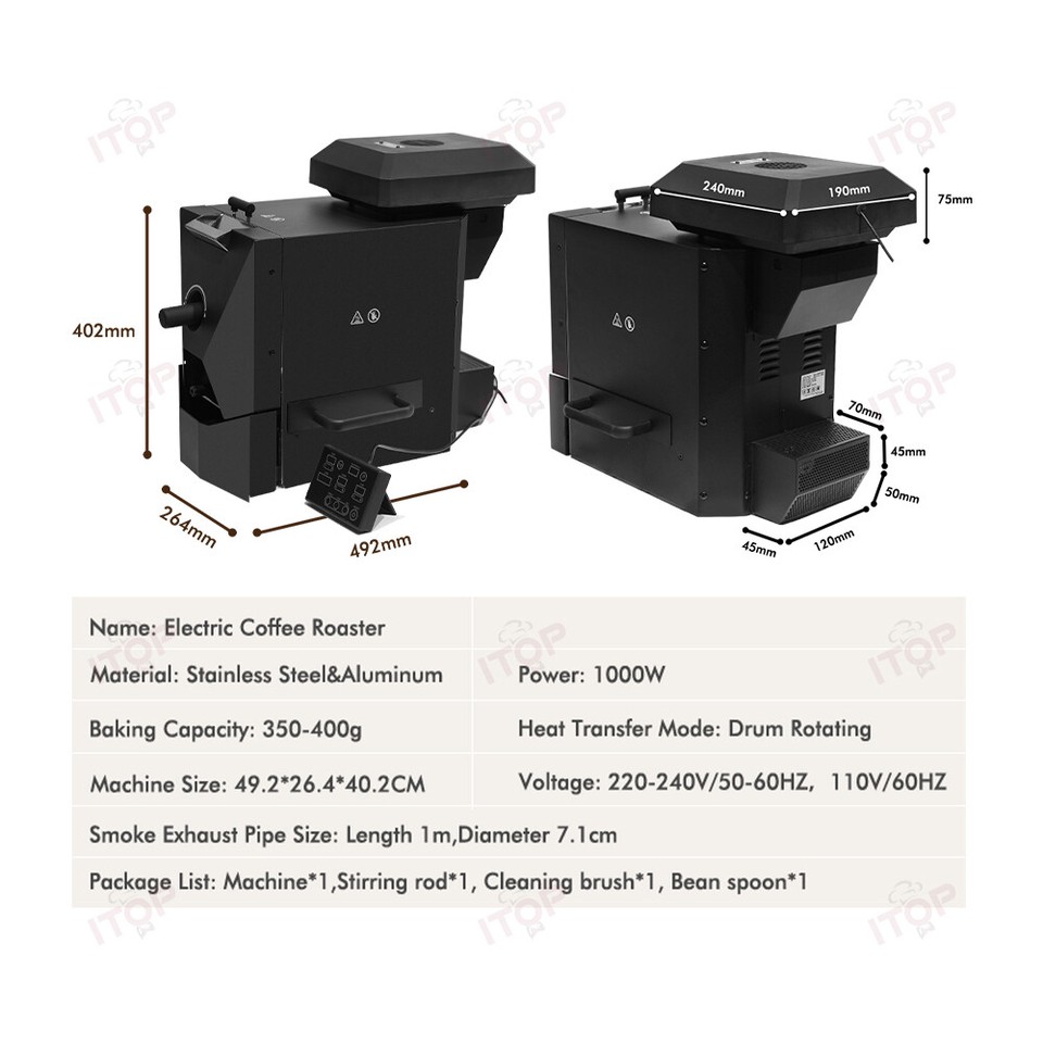 Electric Coffee Bean Roaster Drum Roasting 1000W W/ Smoke Exhaust Pipe ...