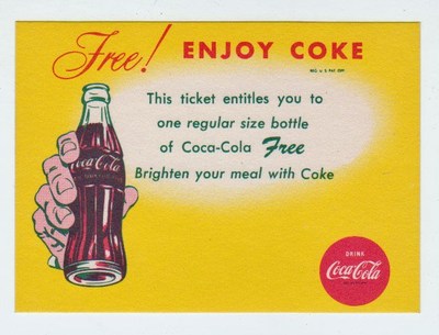 1965 Coca Cola Coke Ticket/Free Bottle Enjoy Coke/Brighten Your Meal ...