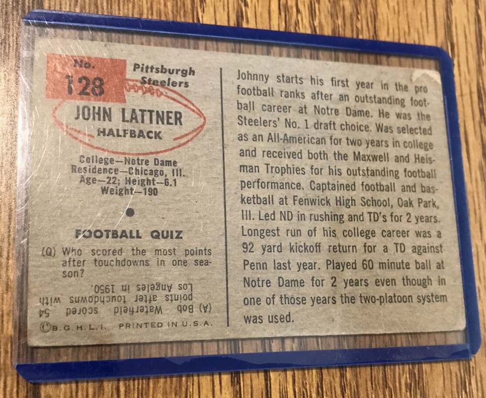 1954 Bowman #128 Johnny Lattner Good+ RC Rookie Steelers | eBay