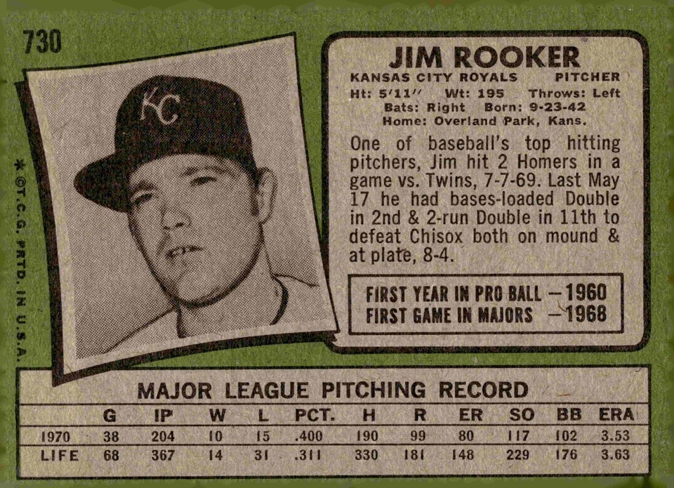 1971 Topps Jim Rooker #730 - Kansas City Royals | eBay