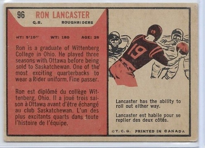 Ron Lancaster Saskatchewan Roughriders 1965 Topps CFL Football Card #96 ...