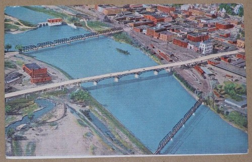 UNUSED LINEN POSTCARD NEW OTTUMWA, IOWA BRIDGE AND VIADUCT, AERIAL VIEW ...