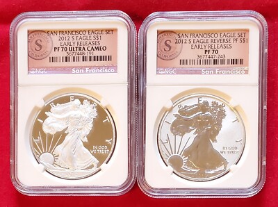 2012-S Silver Eagle San Francisco 2 Coin Set NGC PF70 ER SF Seal Label ...