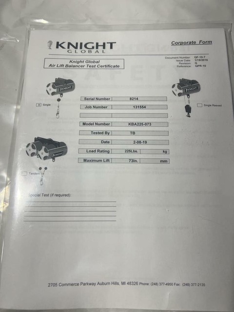 Knight Air Balancer Kba225-073 225 LB Capacity at 100 PSI With Steel ...