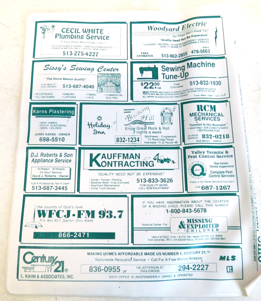 Brookville Ohio Plastic Advertising Telephone Phone Book Cover Vintage ...