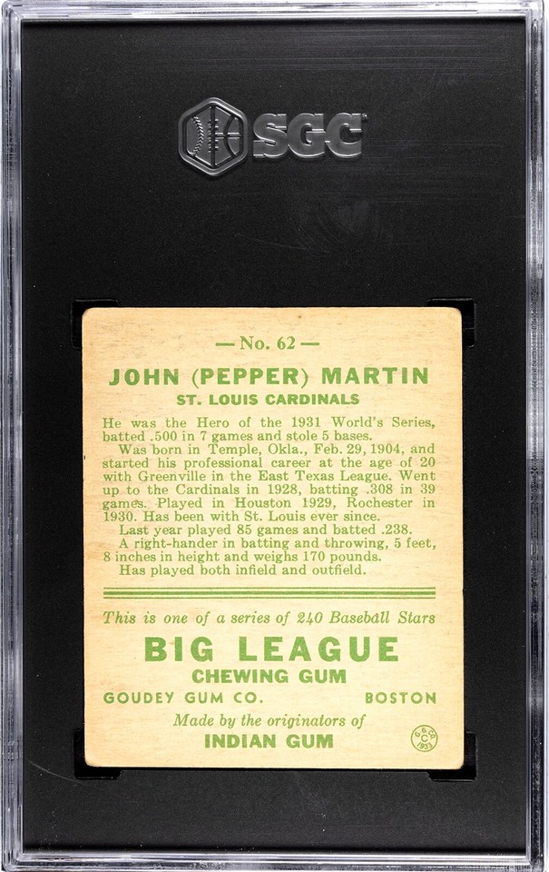 1933 Goudey Gum #62 Pepper Martin SGC 4 Vintage Baseball Card | eBay
