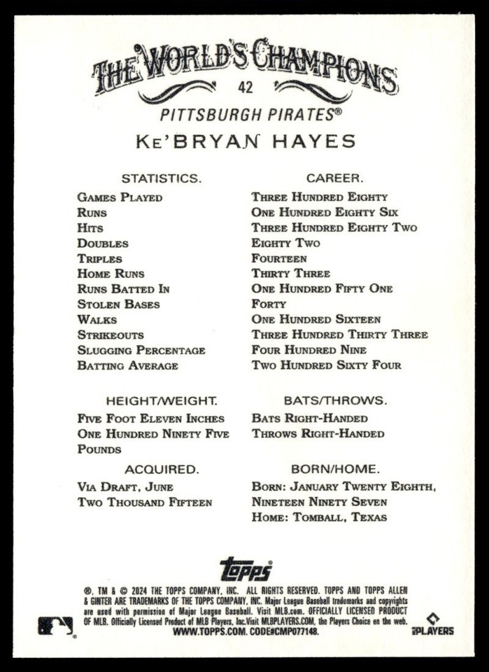 2024 Topps Allen & Ginter Ke'Bryan Hayes Pittsburgh Pirates #42 | eBay