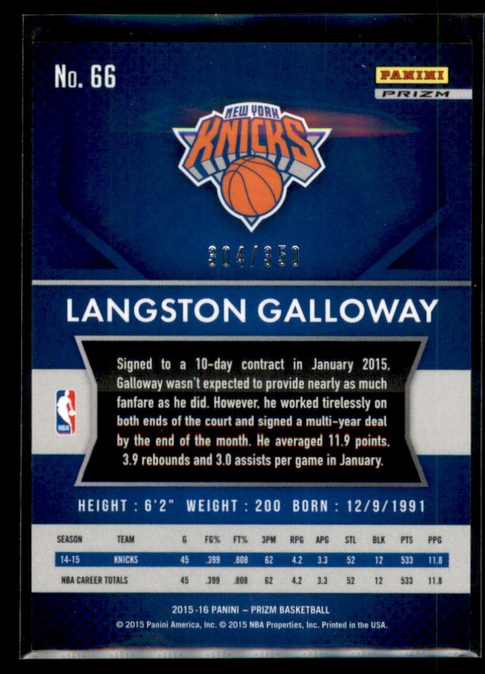 2015-16 Prizm RUBY WAVE Langston Galloway New York Knicks #66 304/350 ...