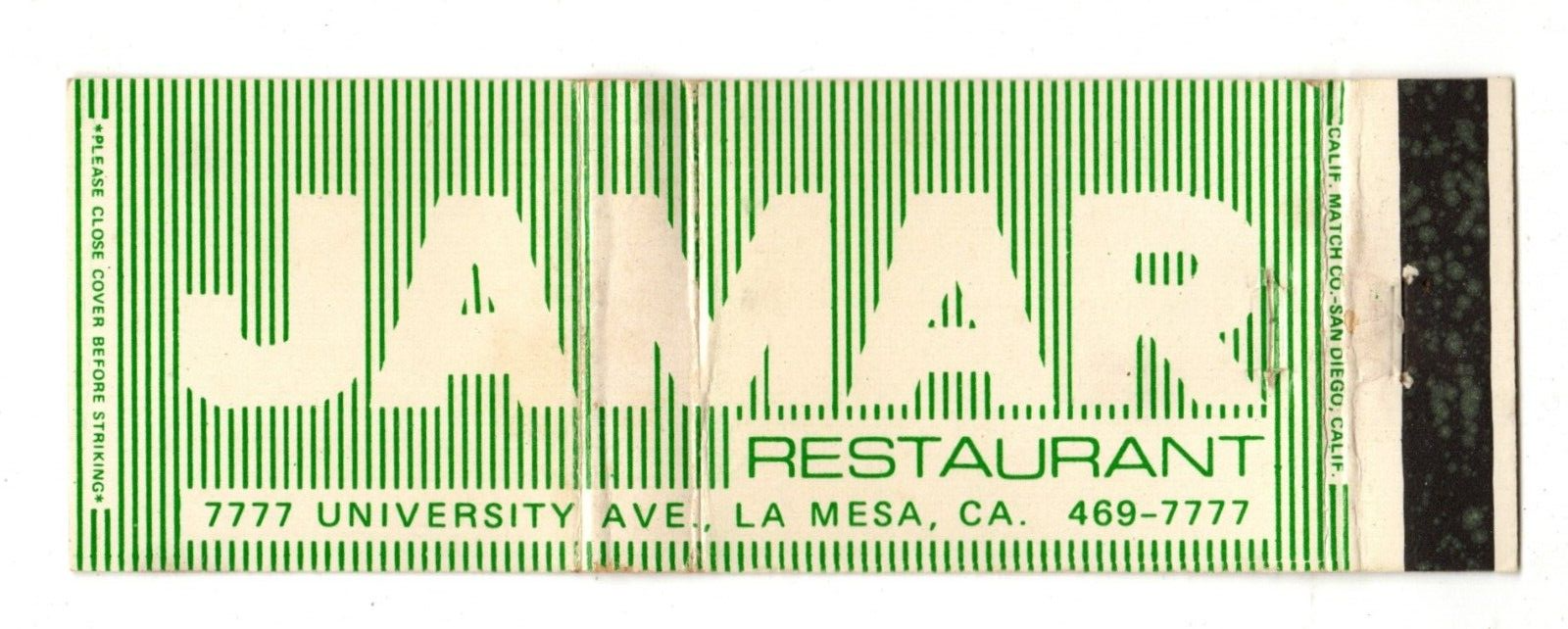 JAMAR RESTAURANT matchbook matchcover - LA MESA, CALIFORNIA | eBay