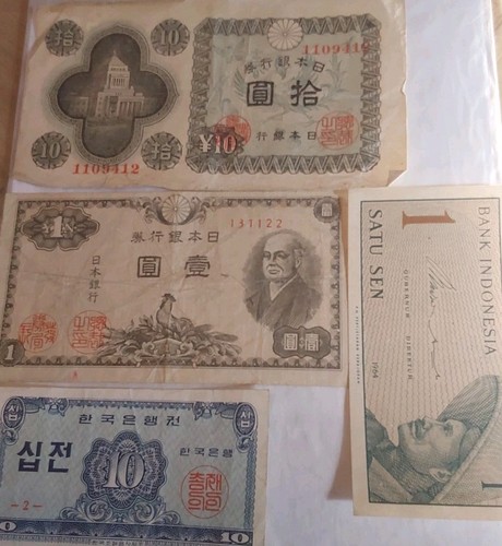 Mixed Asian Currency Lot-Indonesia Japan Korea Banknotes 1 10 Yen 1 Sen ...