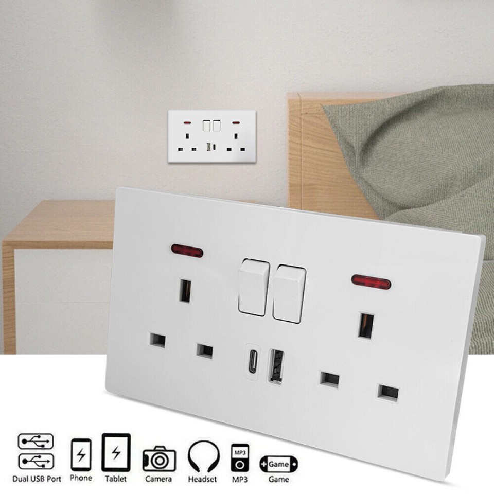 1/5PC Double Wall Plug Socket 2 Gang 13A with USB Type C Port Outlets ...