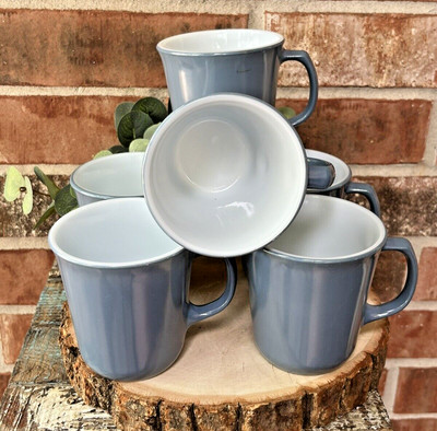 Vintage Pyrex Corning Milk Glass Coffee Mugs Slate Blue Gray Set/6 Cups ...