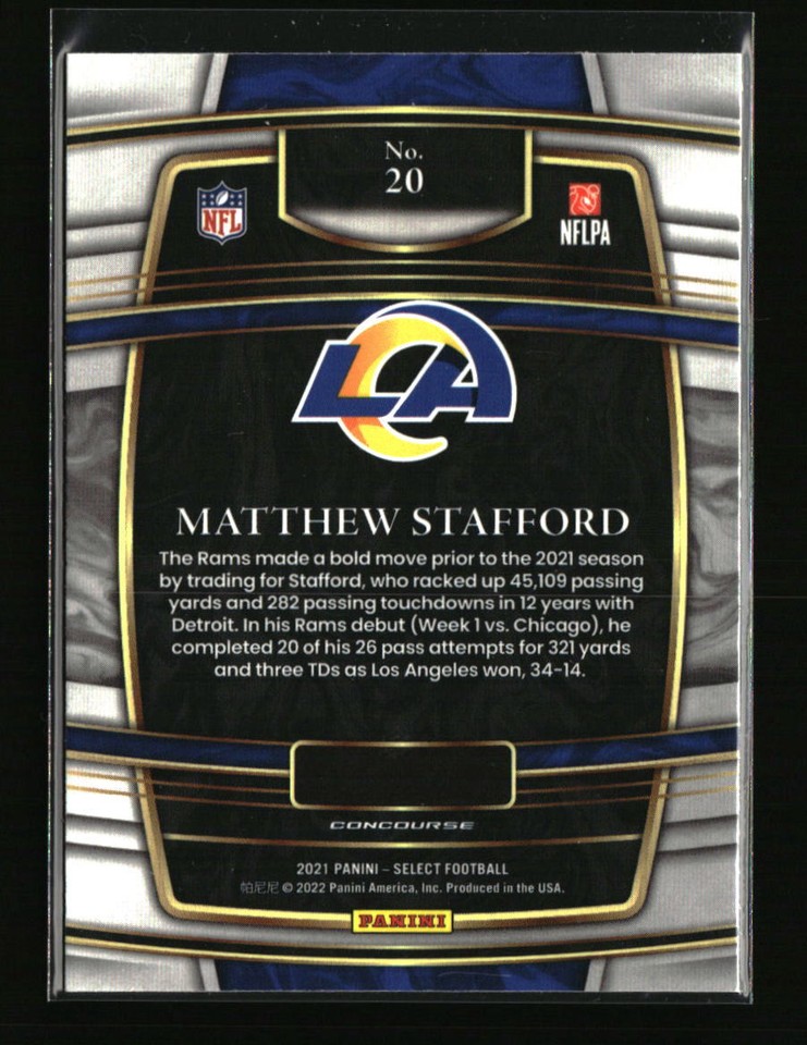 2021 Panini Select #20 Matthew Stafford Los Angeles Rams Football Card ...