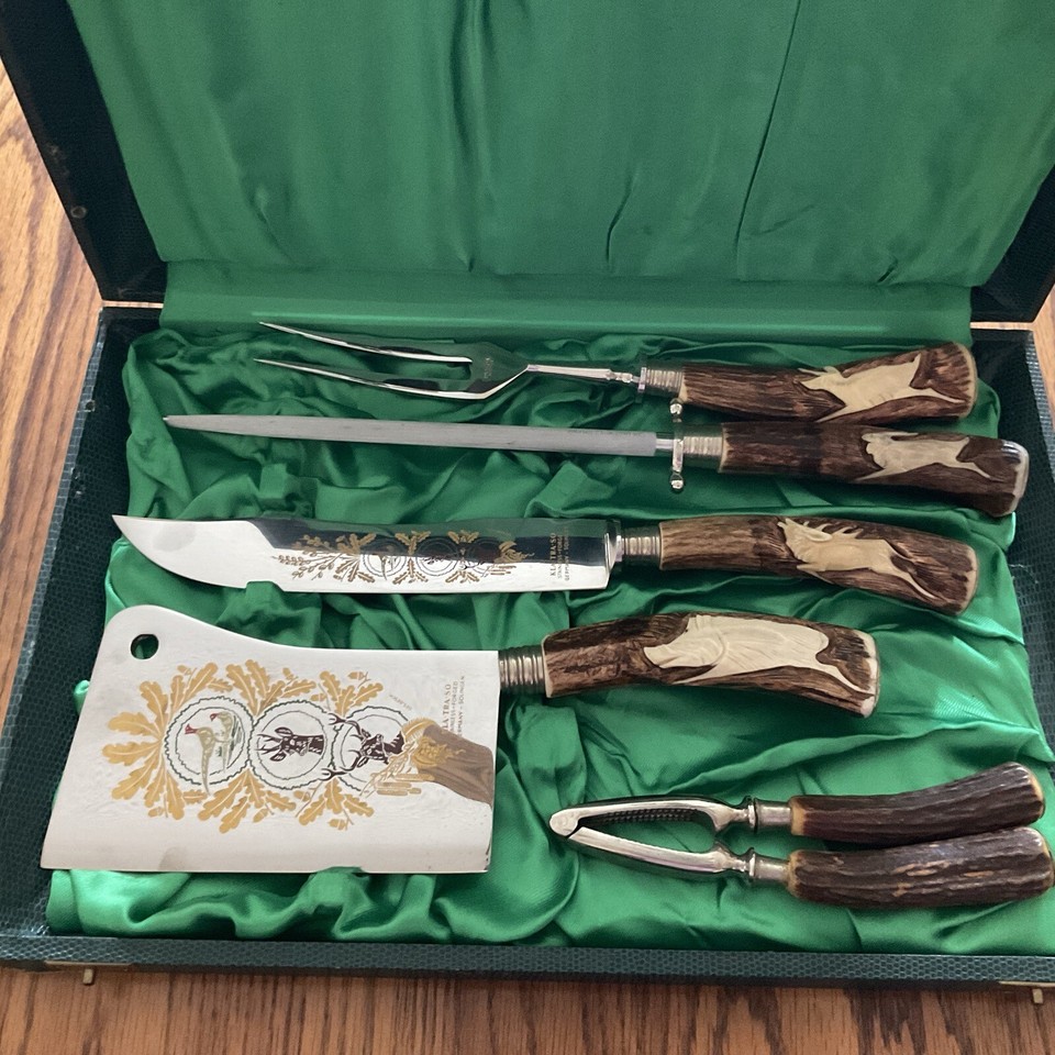 Vintage “KLA-TRA-SO” Solingen Carving Set Etched Blades 1950s Stag ...