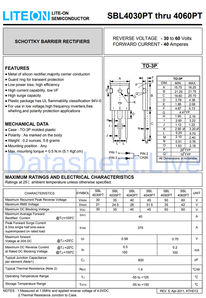 5PCS SBL4040PT LITE-ON Schottky Rectifier 40V 40A Diode TO-3P | eBay